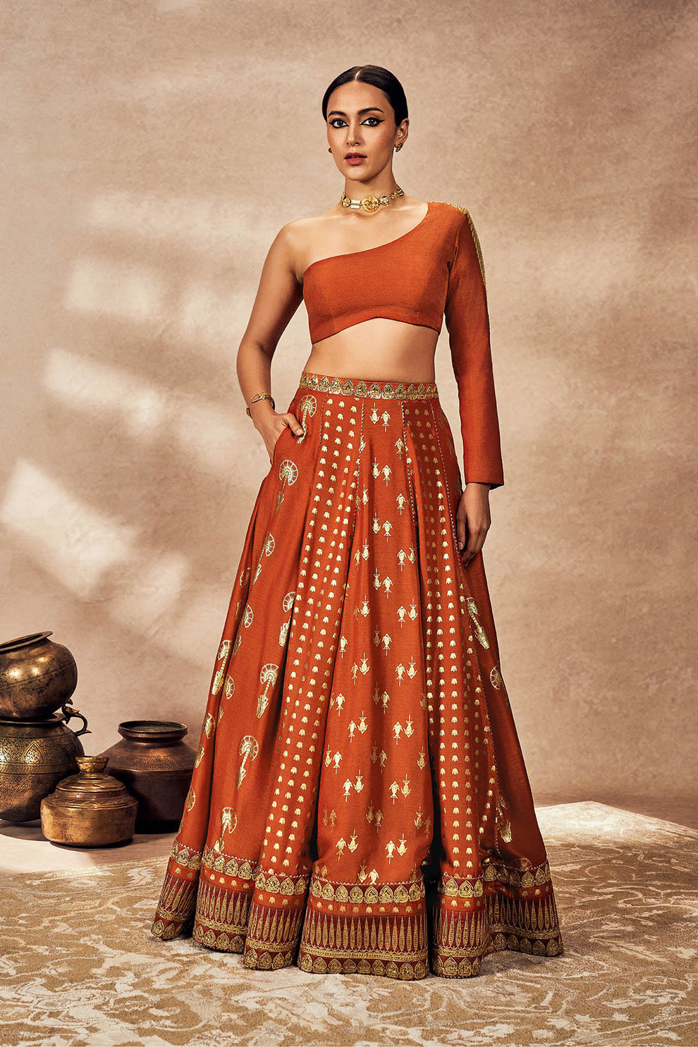 Rust Foil One Shoulder Lehenga Set – House Of Masaba