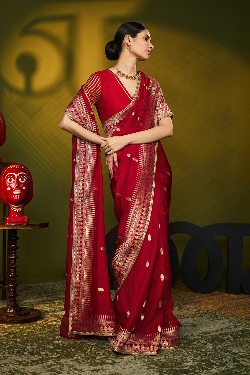 Buy Now Silk Red Saree Online – House Of Masaba